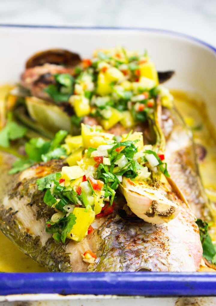Baked Whole Snapper with Mango Salsa - Done in 30 Minutes - Flavourise